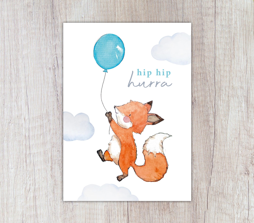 Karte "hip hip hurra" mit Fuchs und Ballon | A6 | Fuchskarte | zur ...
