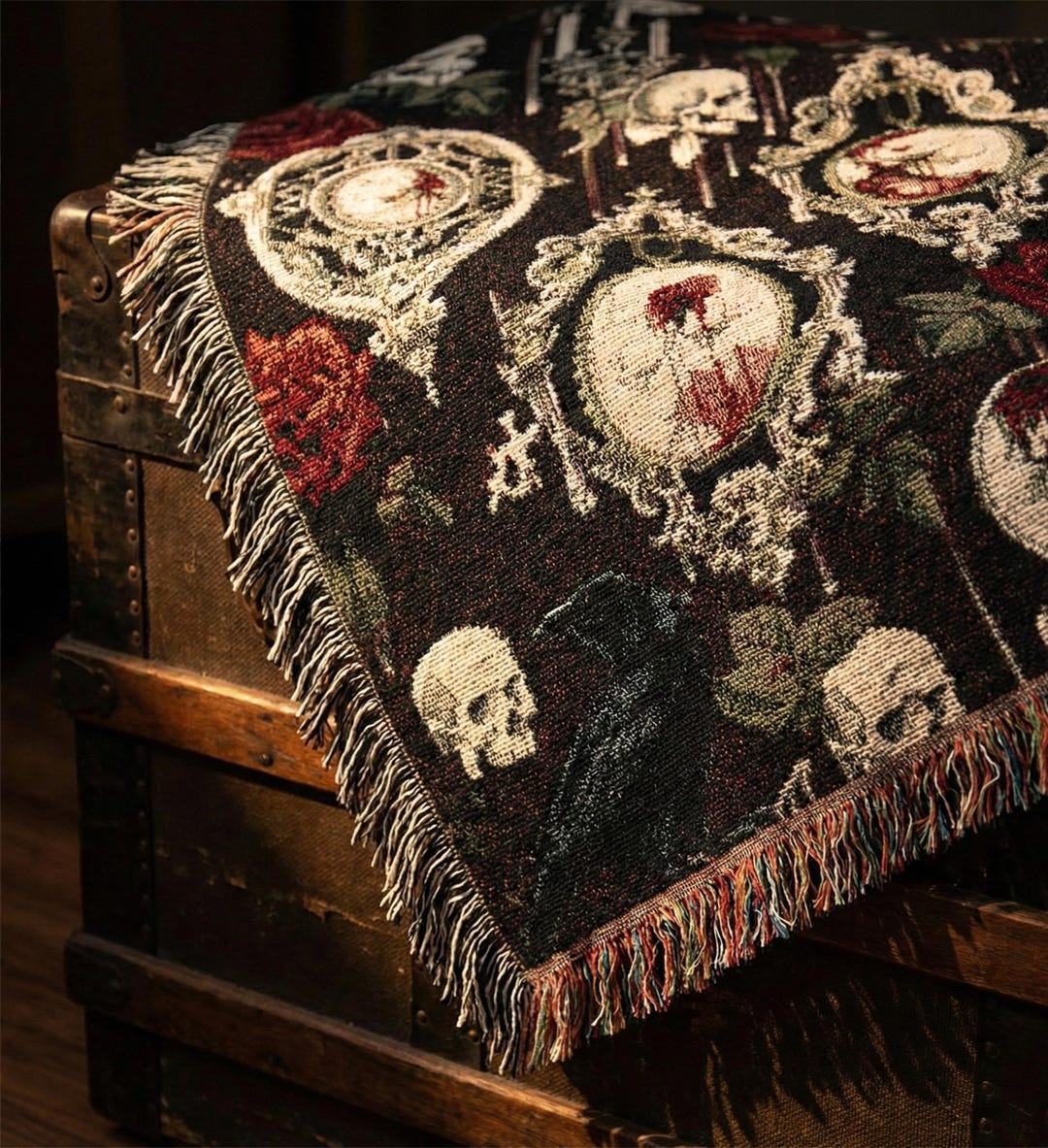 Gothic Romance Woven Blanket | Bleeding Rose & Skull Tapestry | Dark ...