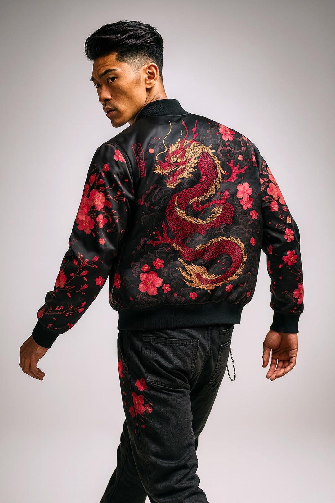 Pink Cherry Blossom & Dragon Lightweight Bomber Jacket | Sakura Floral ...