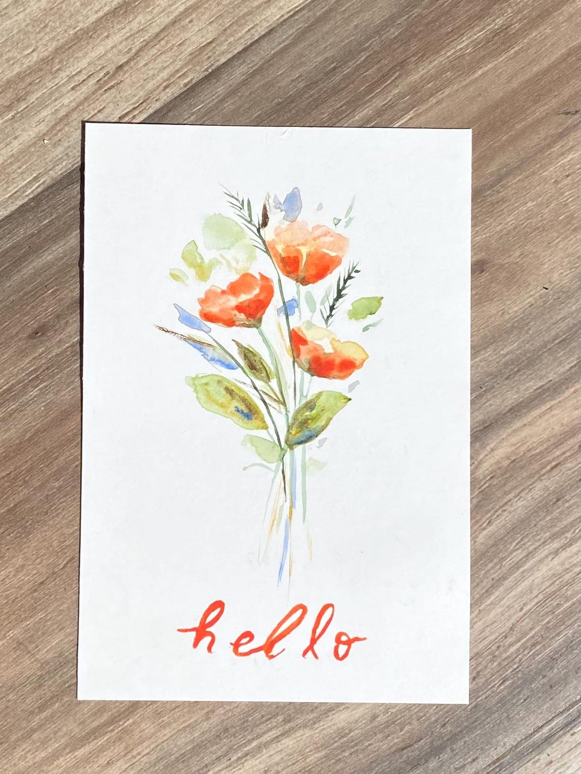 Hand-painted Poppy Card – Watercolor “hello” Greeting | Blank Inside ...