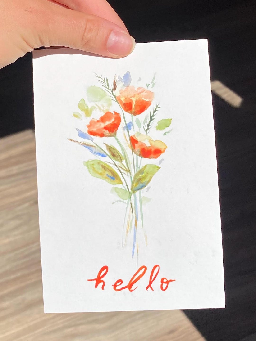Hand-painted Poppy Card – Watercolor “hello” Greeting | Blank Inside ...