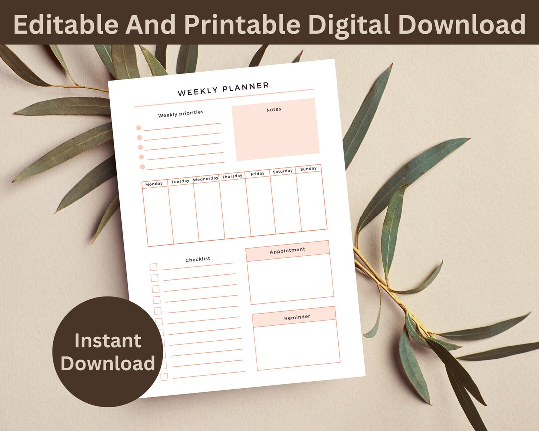 Digital Pink Minimalist Weekly Planner - Etsy