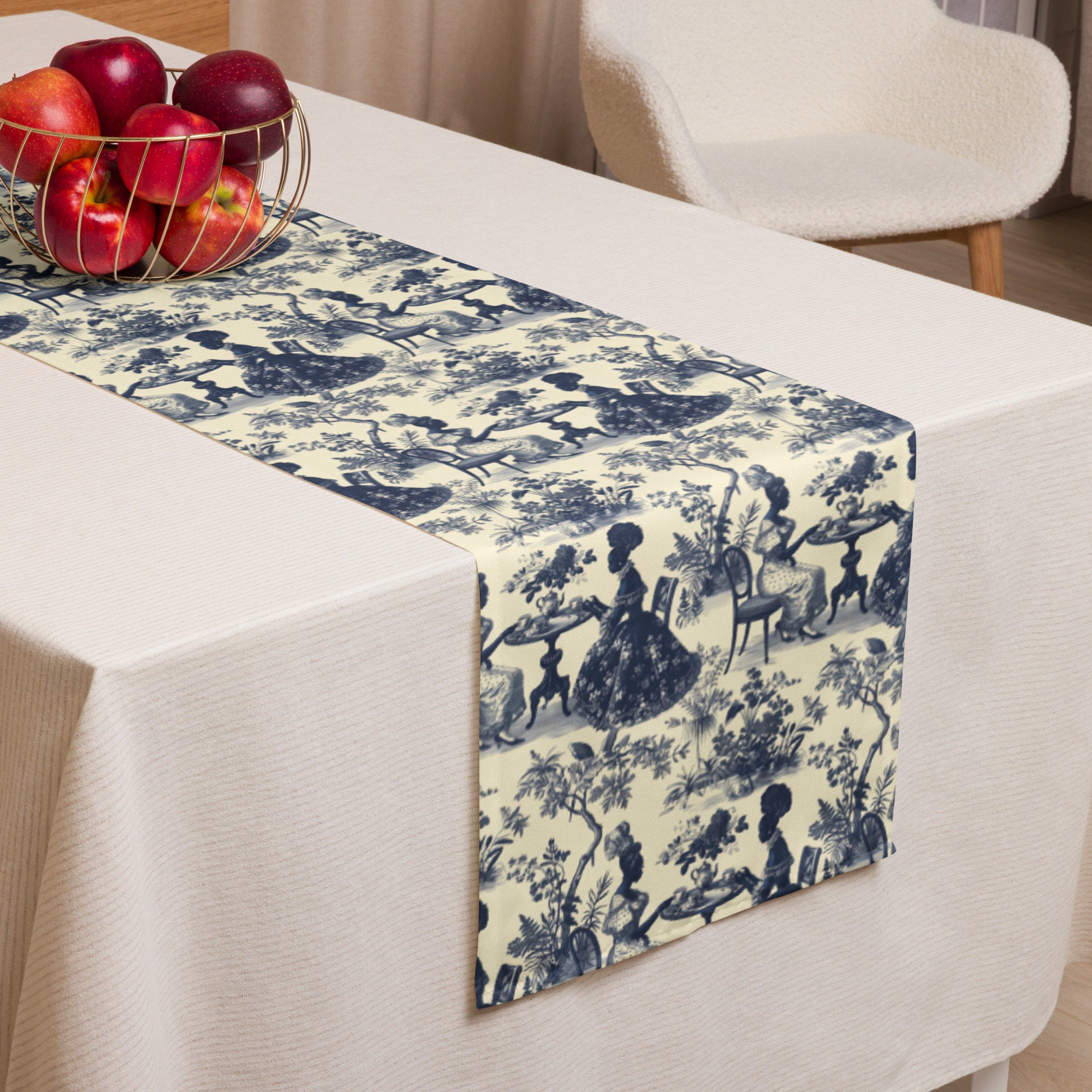 Toile De Jouy Table Runner, Blue Floral Table Runner, Cream Table ...