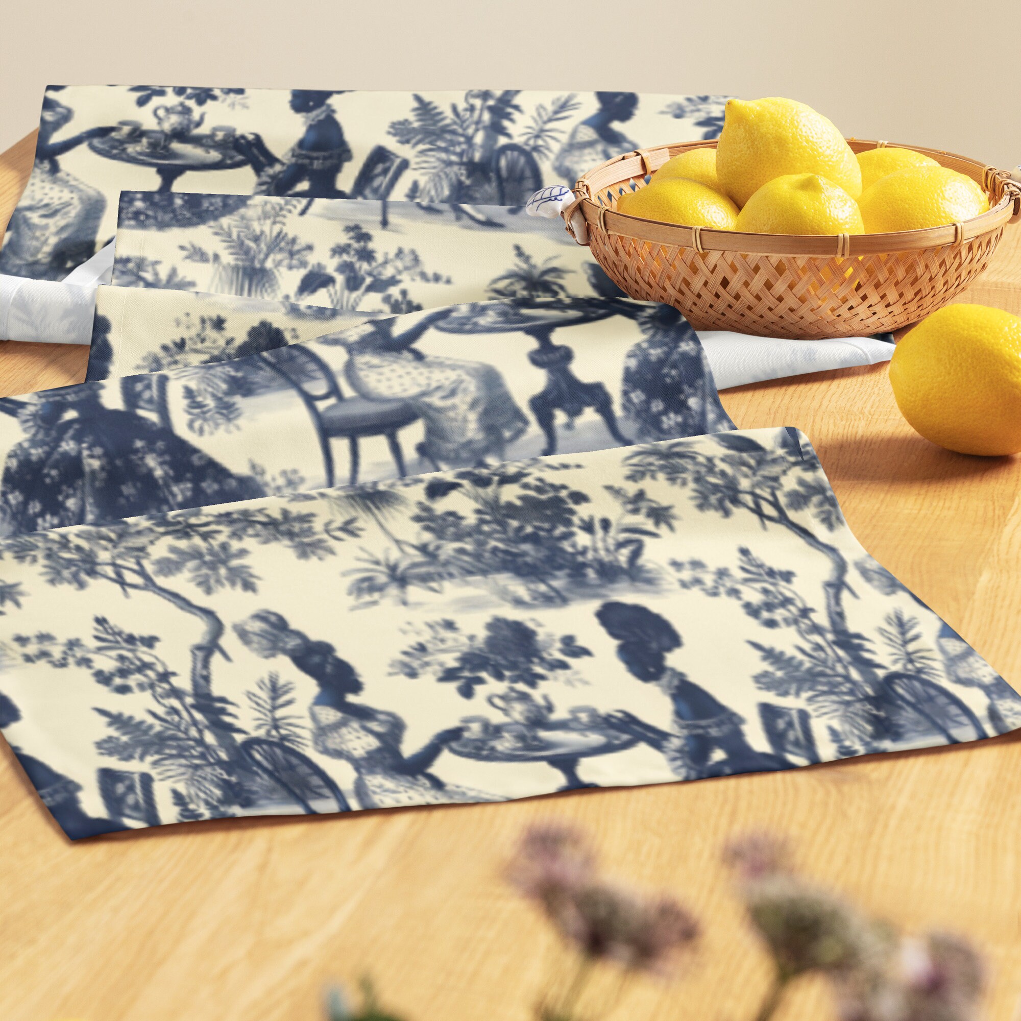 Toile De Jouy Table Runner, Blue Floral Table Runner, Cream Table ...