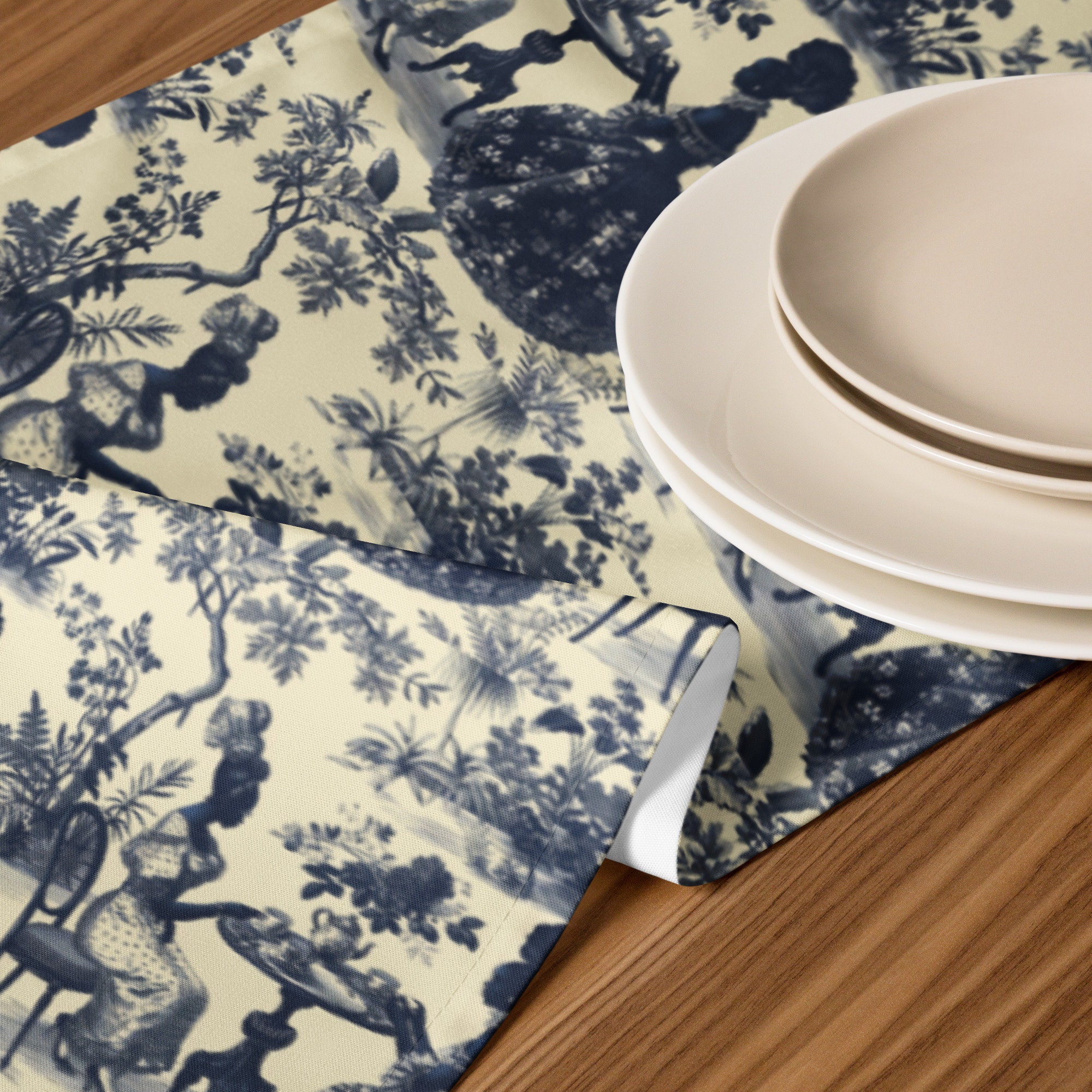 Toile De Jouy Table Runner, Blue Floral Table Runner, Cream Table ...