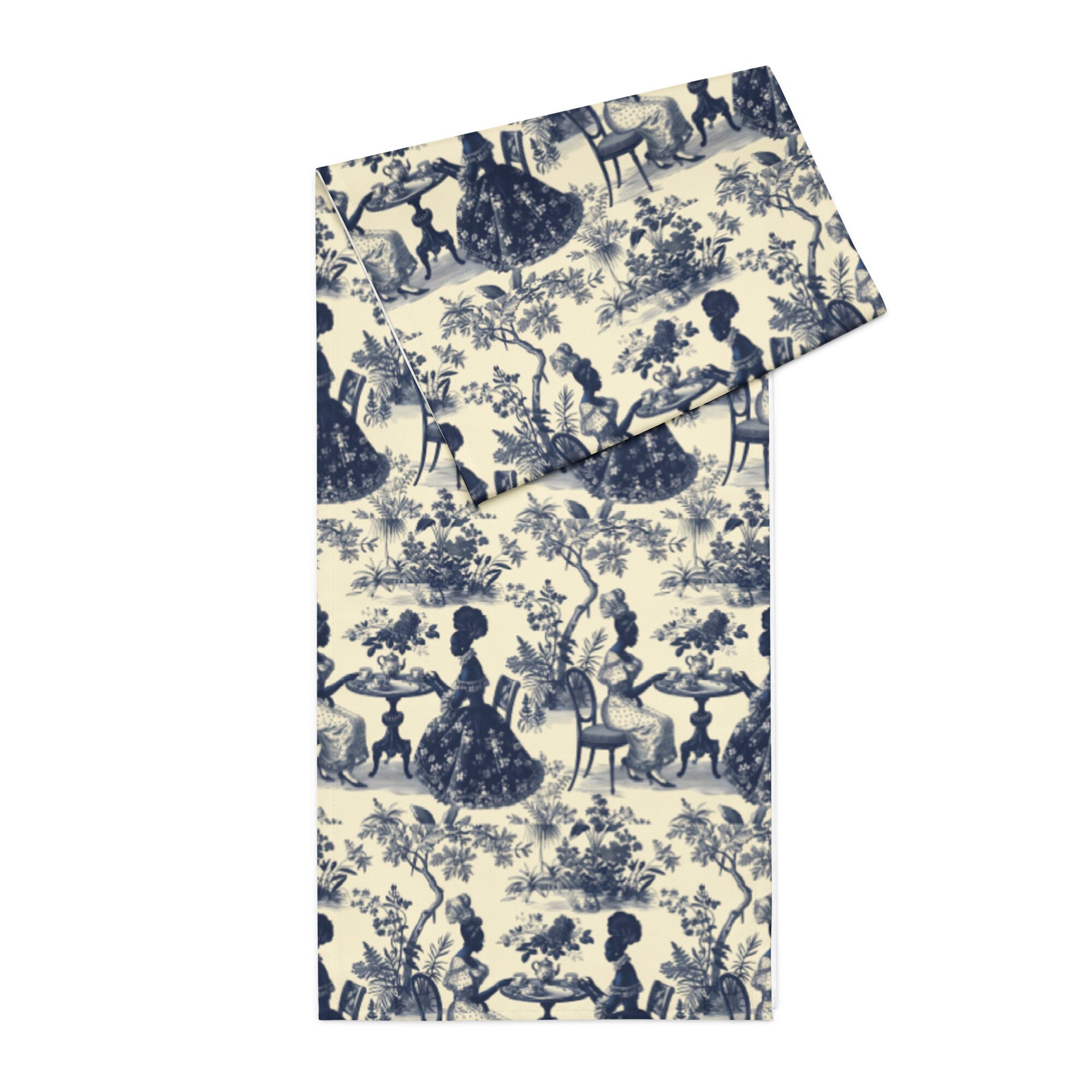 Toile De Jouy Table Runner, Blue Floral Table Runner, Cream Table ...