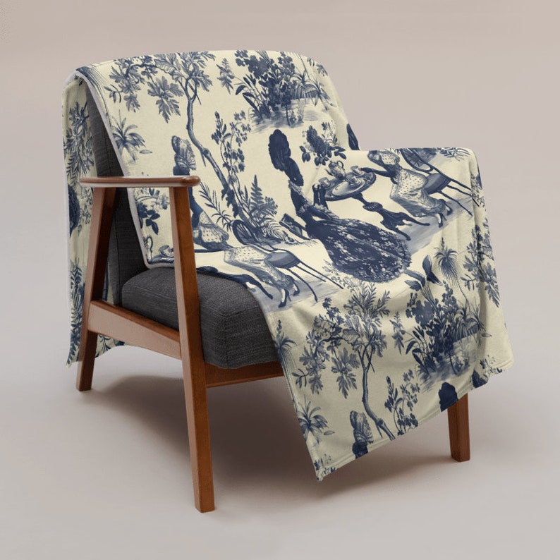 Toile De Jouy Throw Blanket, Blue Floral Blanket, Cream Blanket, Toile ...