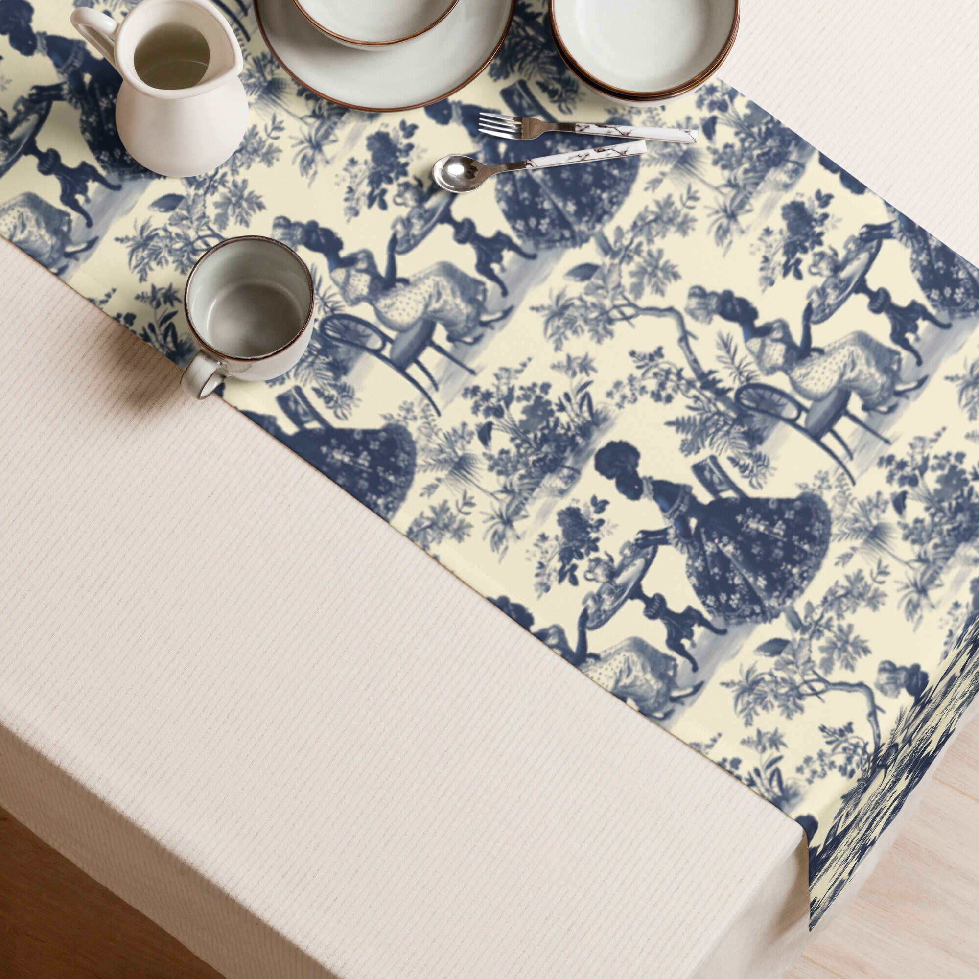 Toile De Jouy Table Runner, Blue Floral Table Runner, Cream Table ...