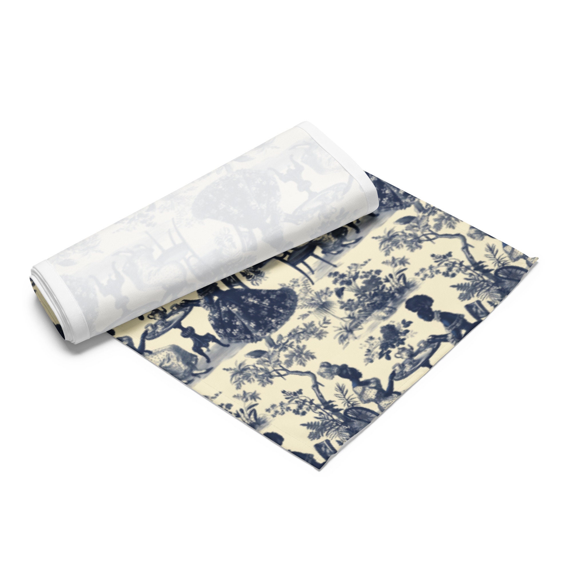Toile De Jouy Table Runner, Blue Floral Table Runner, Cream Table ...