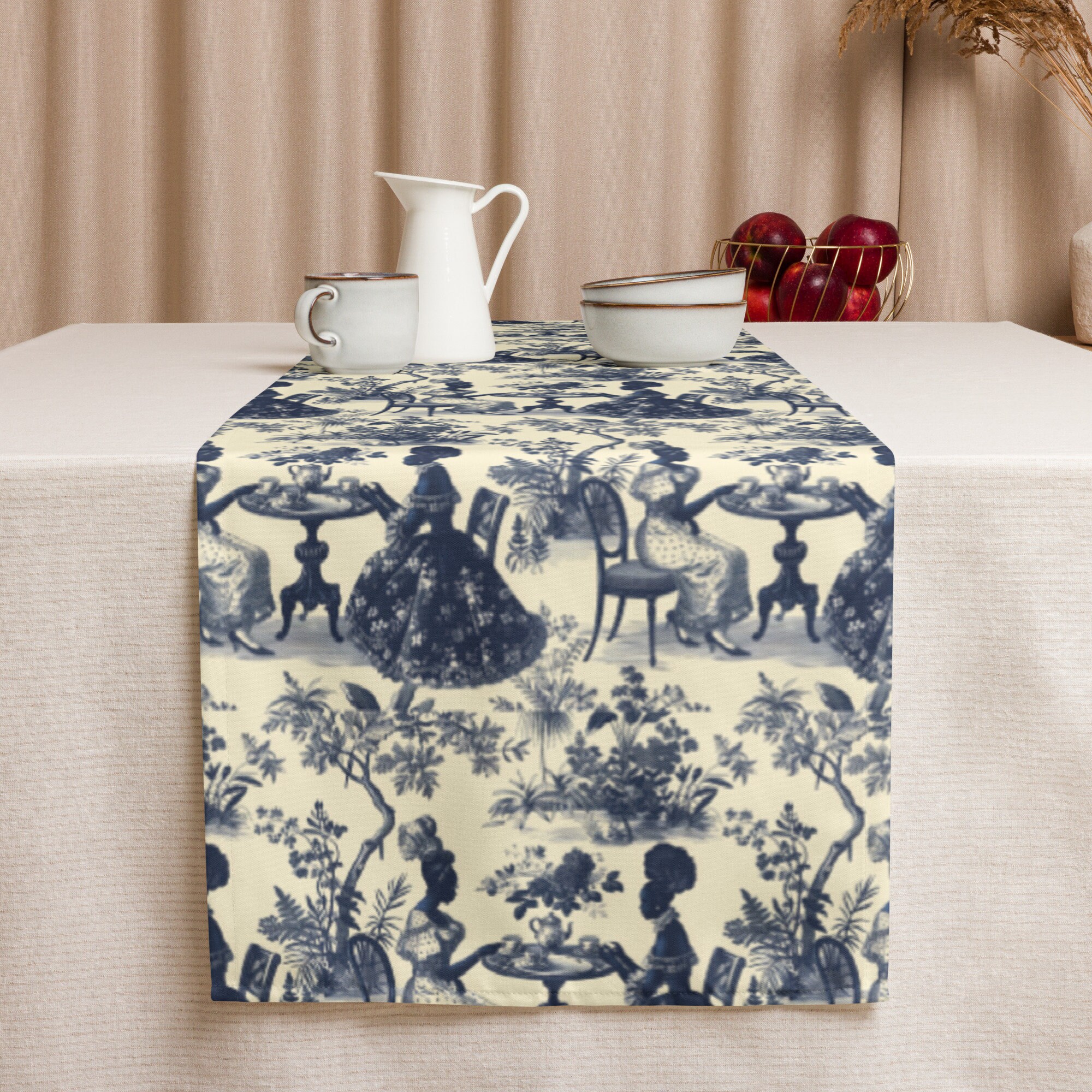 Toile De Jouy Table Runner, Blue Floral Table Runner, Cream Table ...