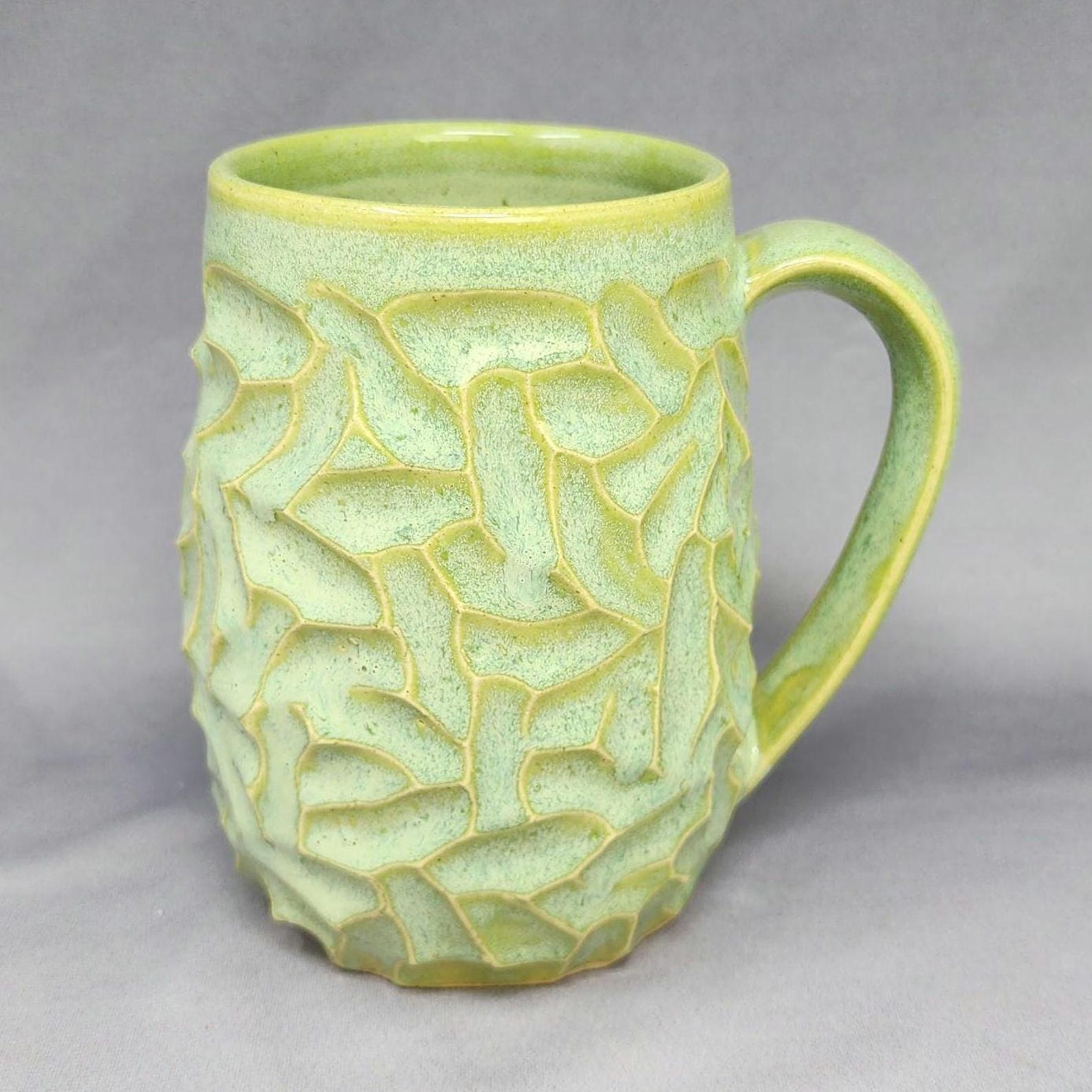 Large Sized Hand Carved Mug With Lime Green and Yellow Melty Glaze - Etsy