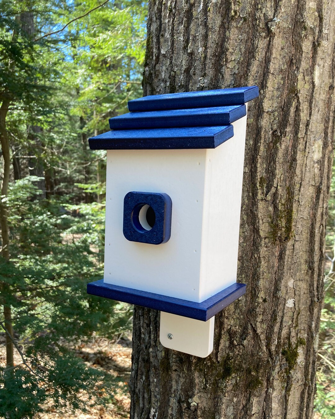 Square Back-mount Birdhouse, White With Navy Roof - Etsy