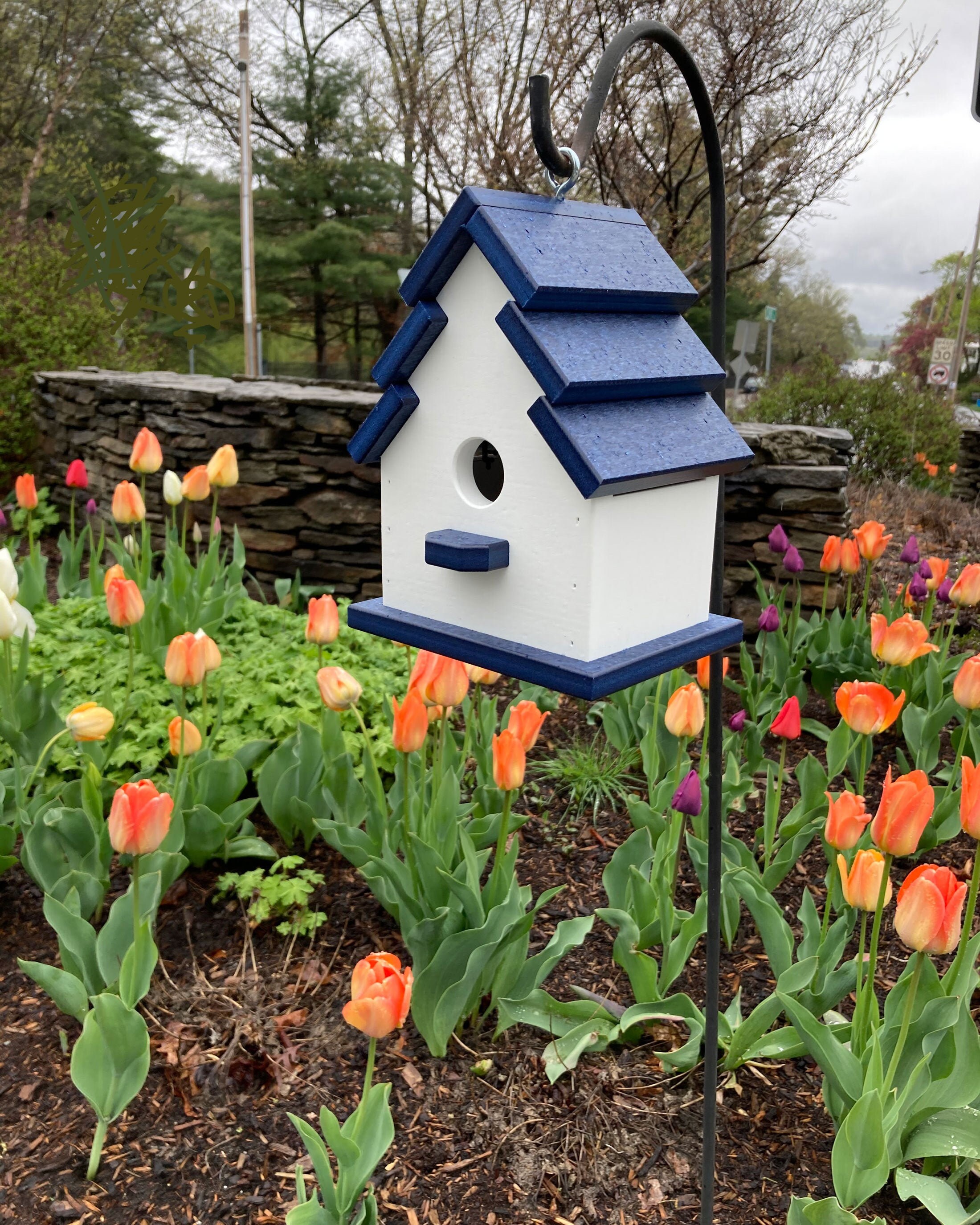 Traditional Eco-Friendly Poly Birdhouse White with Navy Roof | Etsy