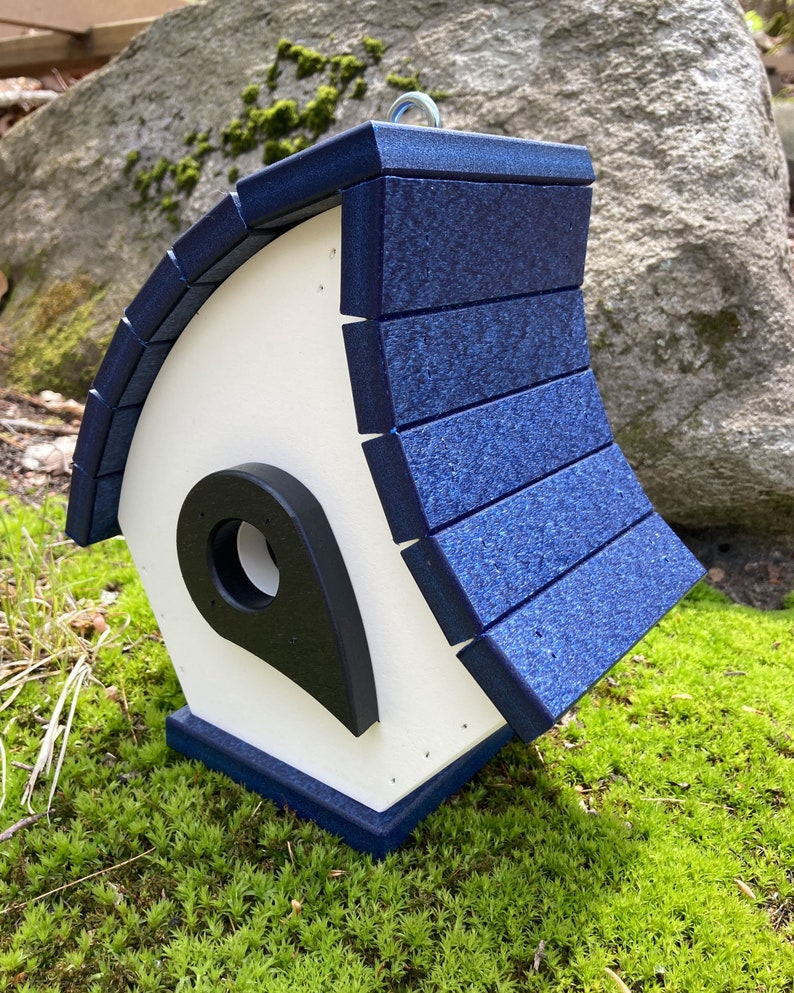 Eclectic Hanging Poly Birdhouse, White With Navy Blue Roof - Etsy