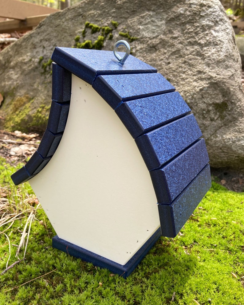 Eclectic Hanging Poly Birdhouse, White With Navy Blue Roof - Etsy