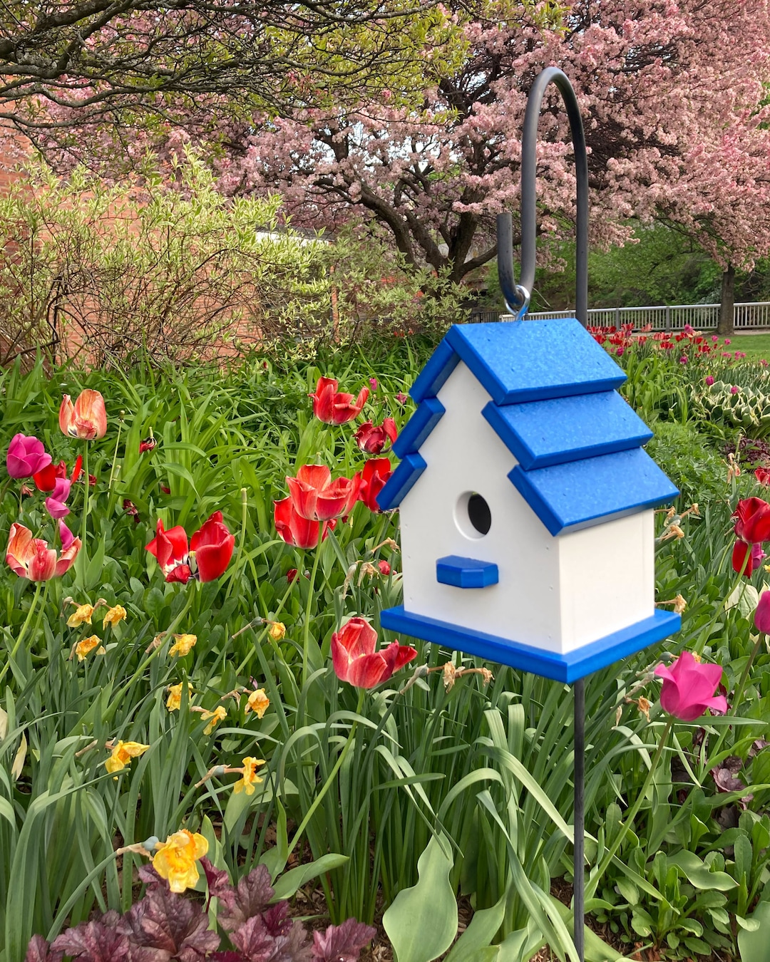 Traditional Recycled Poly Lumber Birdhouse, White With Royal Blue Roof ...