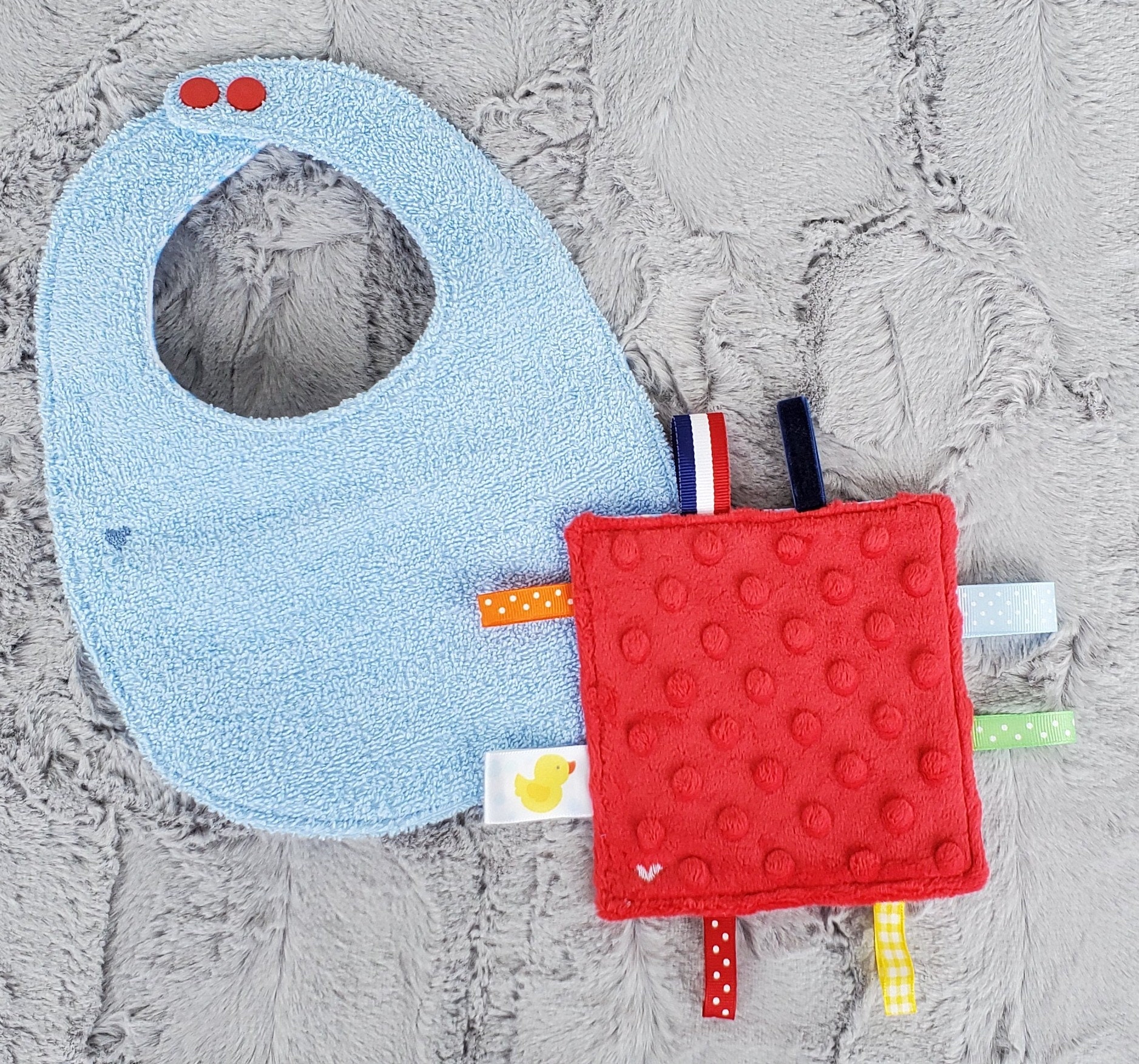 Lobster Baby Bib & Tag Toy Set, Reversible Bib, Sensory Tag Toy ...