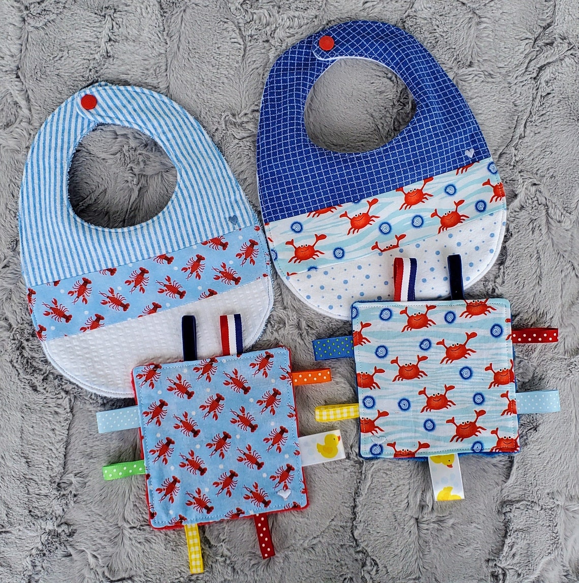 Lobster Baby Bib & Tag Toy Set, Reversible Bib, Sensory Tag Toy ...