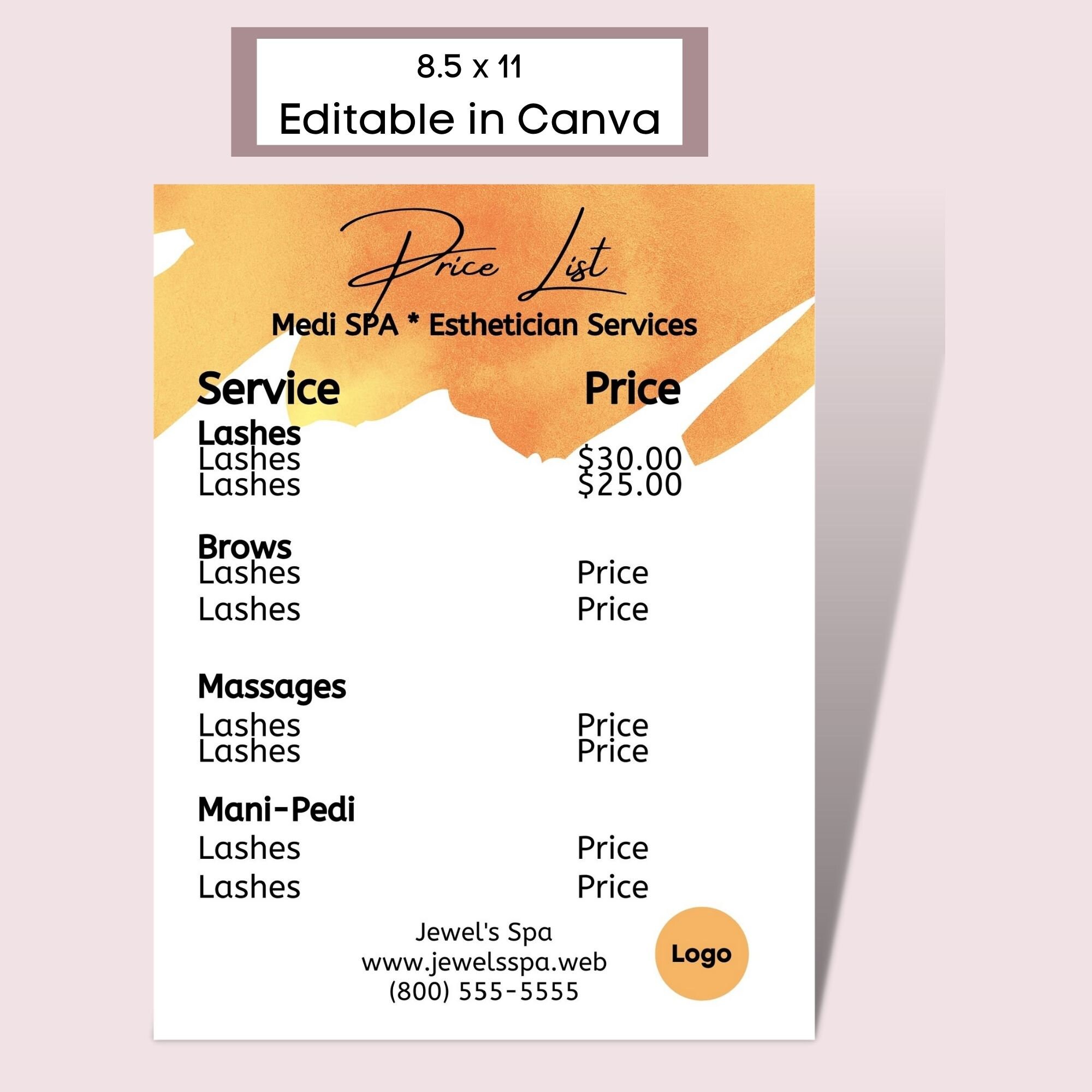 Esthetician Price List Template Spa Price List Template Etsy Espa a