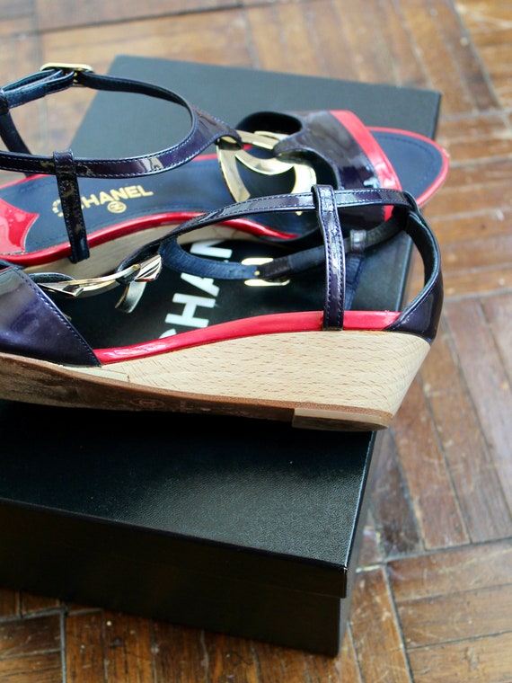 Chanel Navy and Red Wedge Sandals - Gem