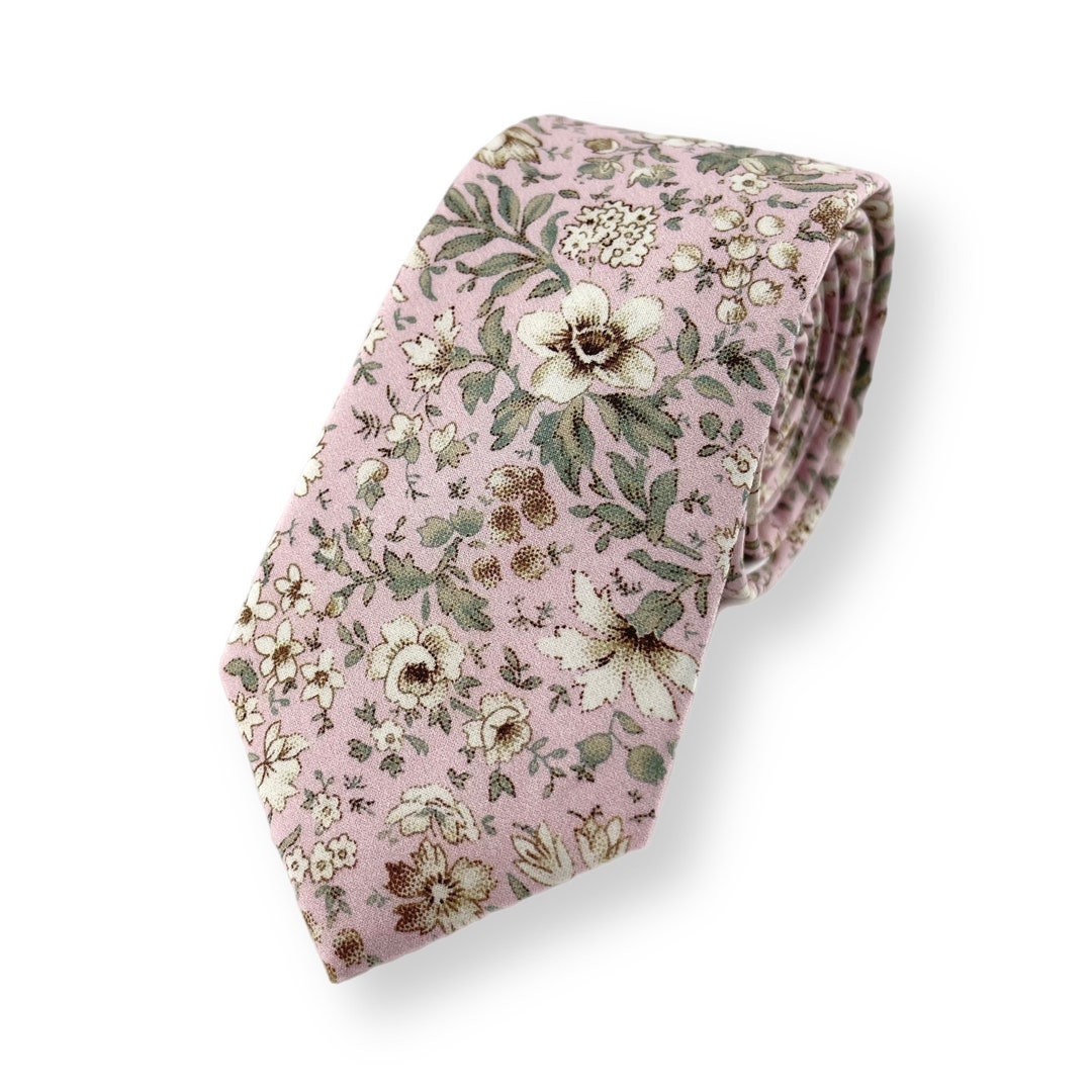 Men's Blush Pink W/ Cream Floral Print Necktie Slim/narrow Width ...