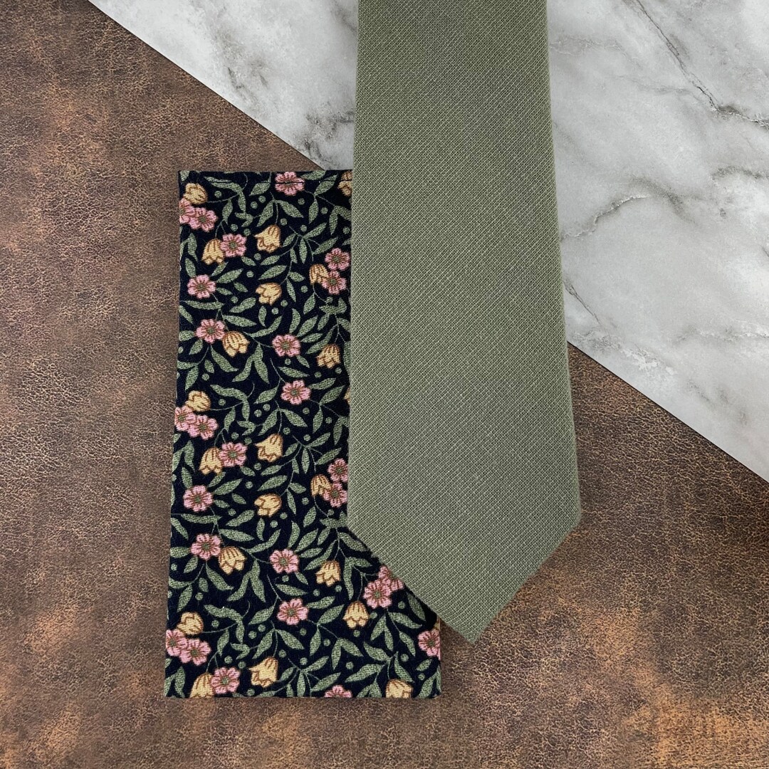 Men's Slim Autumn Sage Green Necktie & Dark Navy W/ Pink Floral Pocket ...