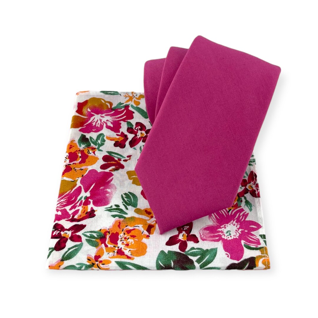 Men’s Deep Fuchsia Necktie & Floral Pocket Square Set, Spring Summer ...