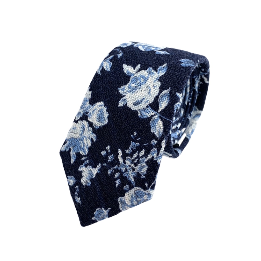 Men's Dark Navy Blue Floral Print Necktie Slim/narrow Width Wedding ...