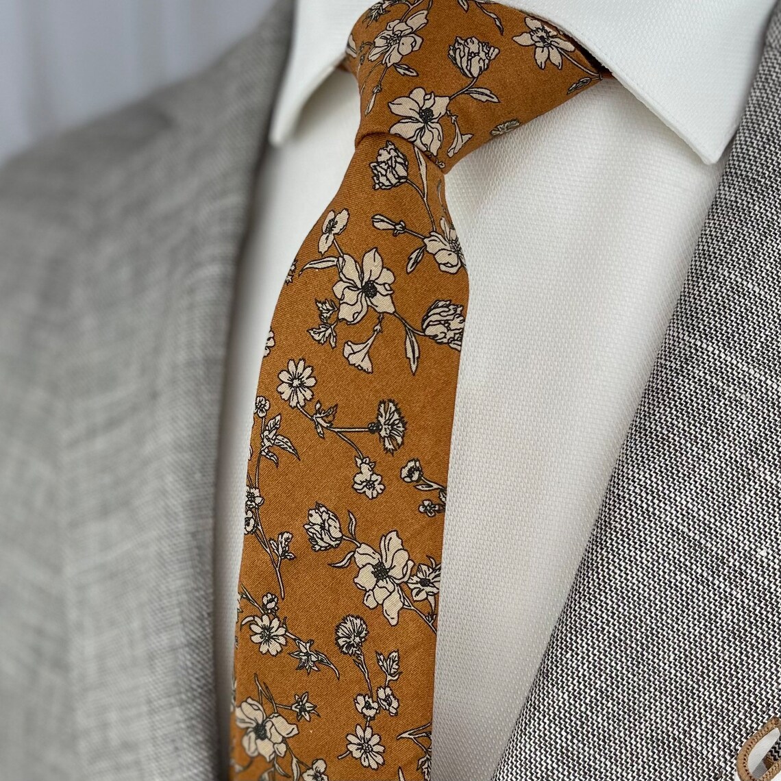 Men's Brown Ochre Floral Print Necktie Slim/narrow Width - Etsy