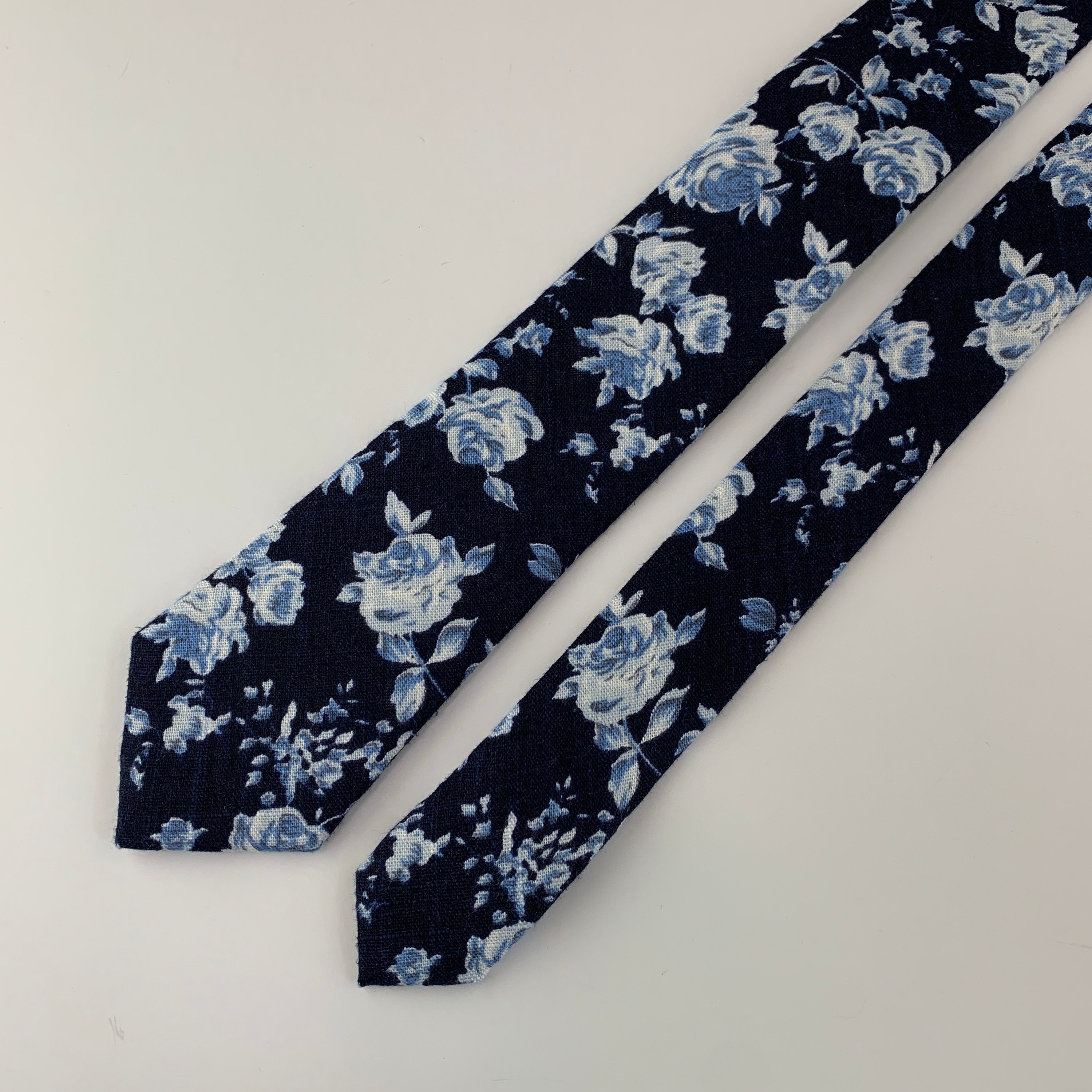 Men's Dark Navy Blue Floral Print Necktie Slim/narrow Width Wedding ...