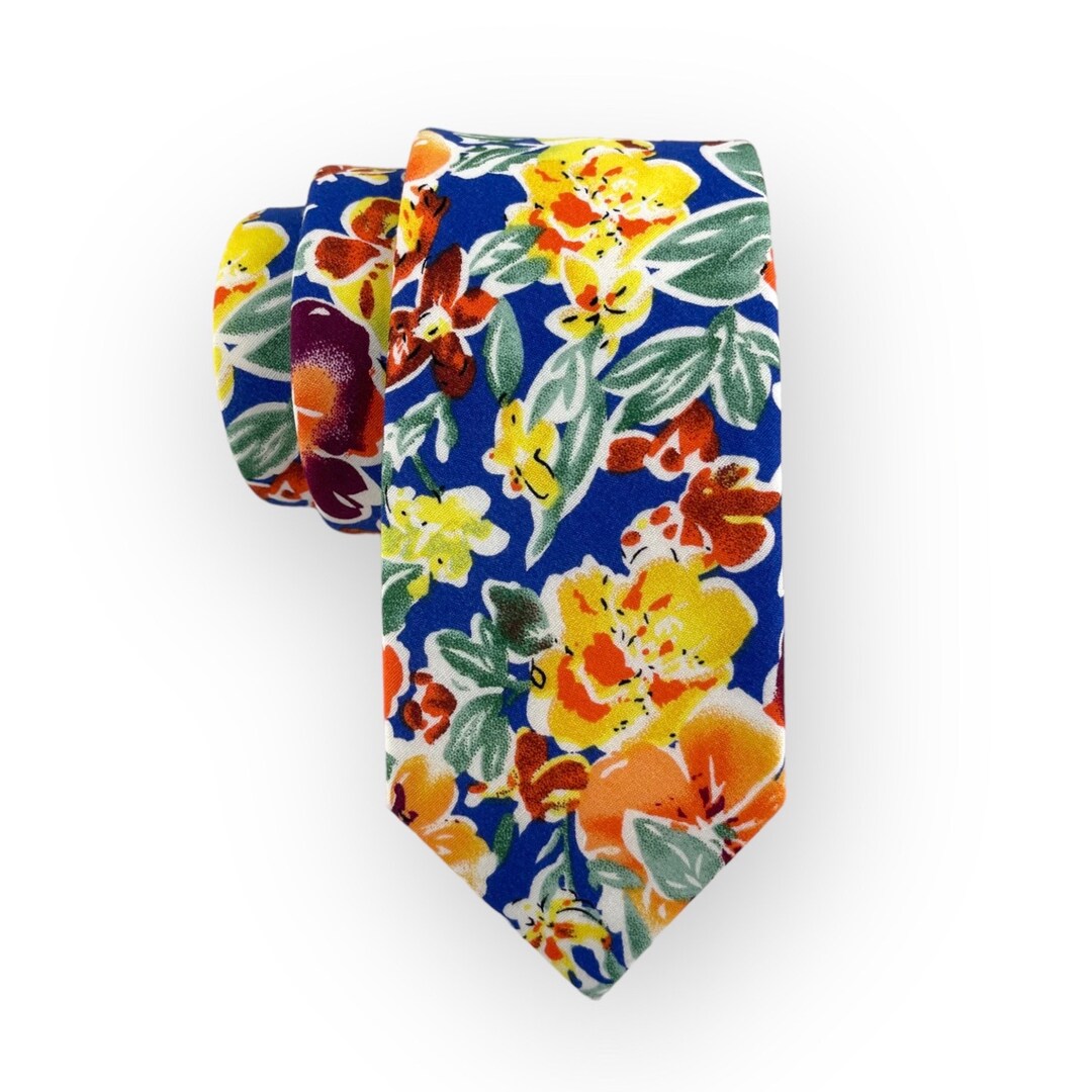 Men's Blue Tropical Floral Print Necktie Slim/narrow Width Destination ...