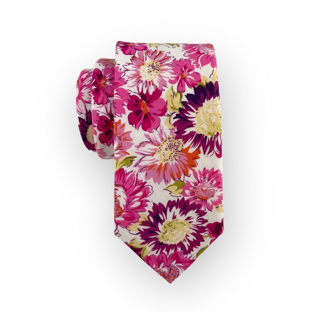 Men's White W/ Fuchsia Pink Sunflower Print Necktie Slim/narrow Width Destination Wedding Island ...