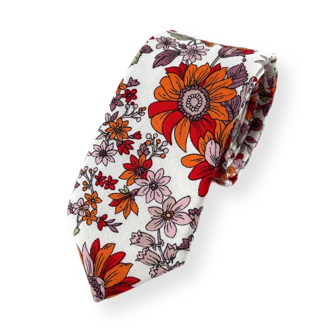 Men's White & Spanish Orange Retro Floral Necktie Slim/narrow Width ...