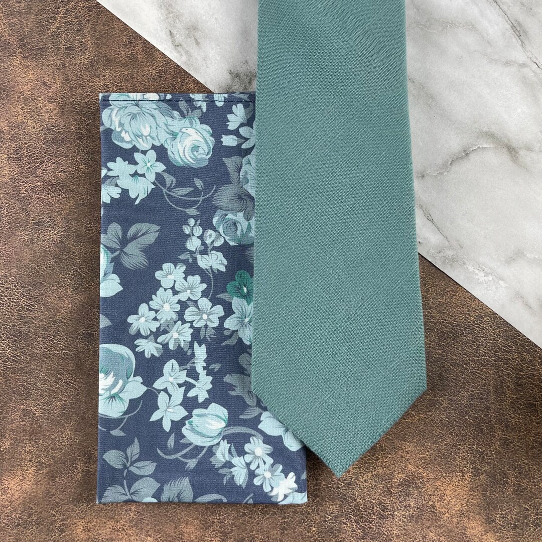 Men's Slim Dusty Teal Necktie & Steel Blue Floral Pocket Square Set - Etsy