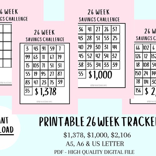 26 WEEK SAVINGS CHALLENGE L 26 Week Tracker L Printable Pdf L | Etsy
