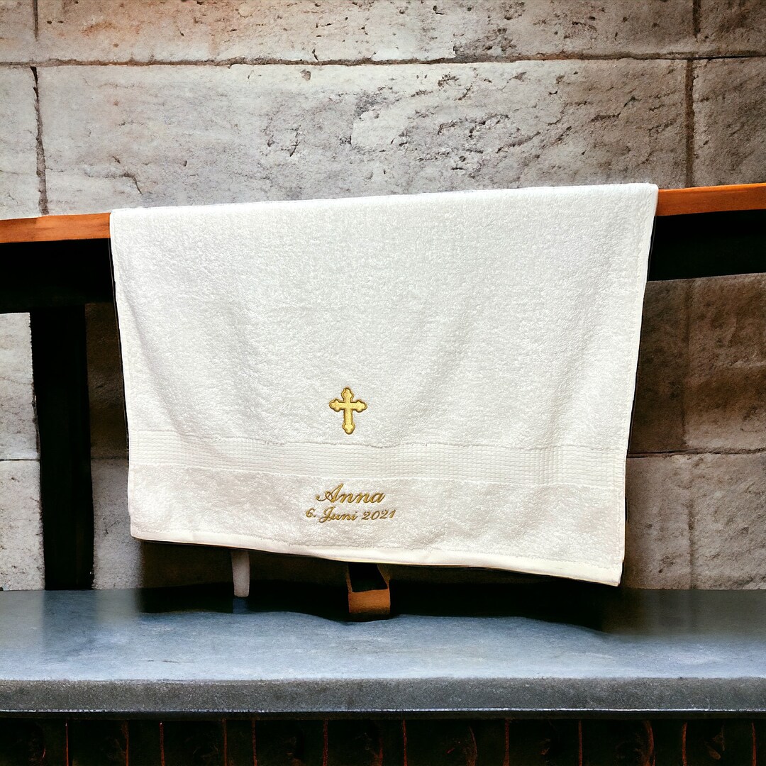 Cross Towel Embroidered With Name and Date, Bath Towel, Guest Towel ...