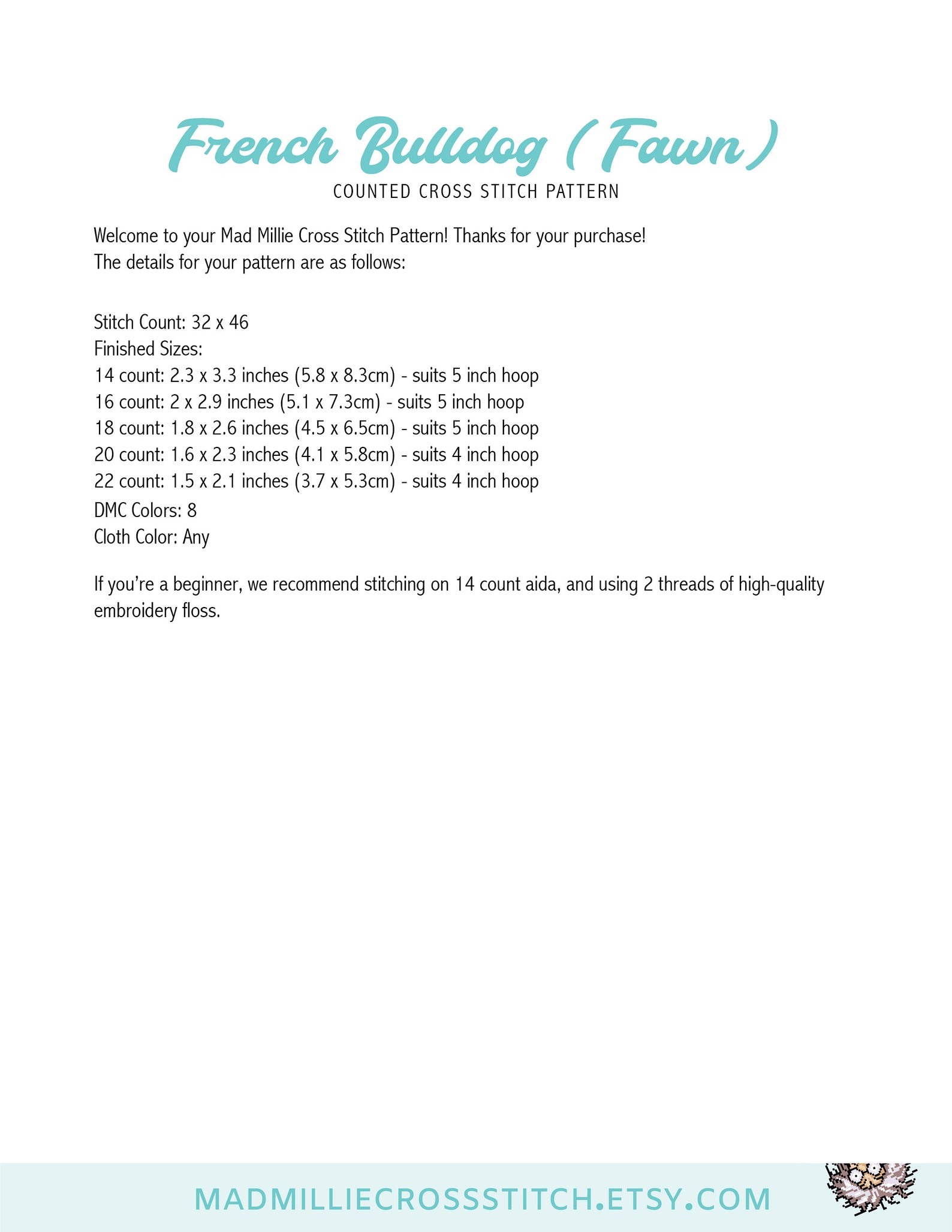 French Bulldog Cross Stitch Pattern Tiny Cute Fawn Frenchie 3 Cross ...