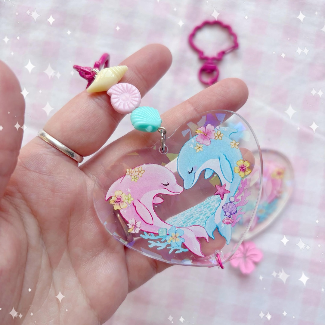 Kawaii Tropicalcore Holographic Dolphins in Love Deco Keychain - Etsy
