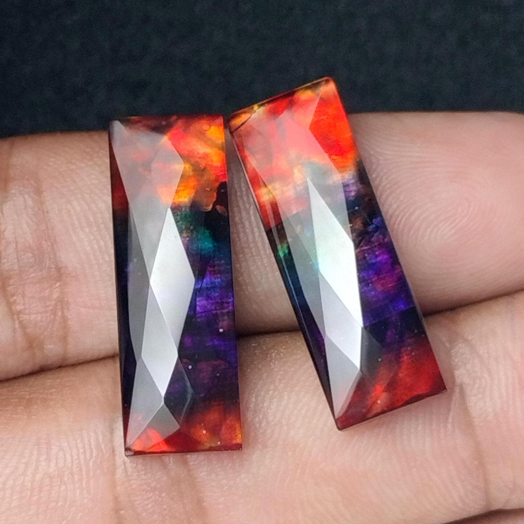 Long Rectangle Ammolite Stone Doublet Checker Cut Briolette Pair for ...