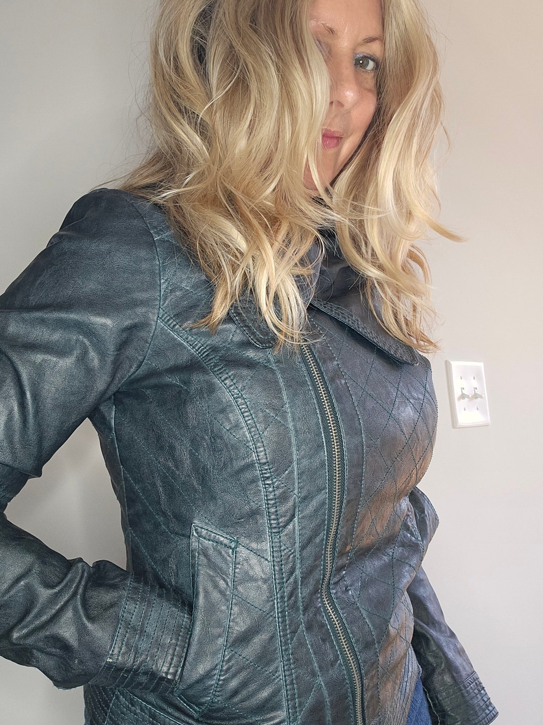 Vintage Guess Faux Leather Jacket, Dark Green, Vintage Coat, Vintage ...