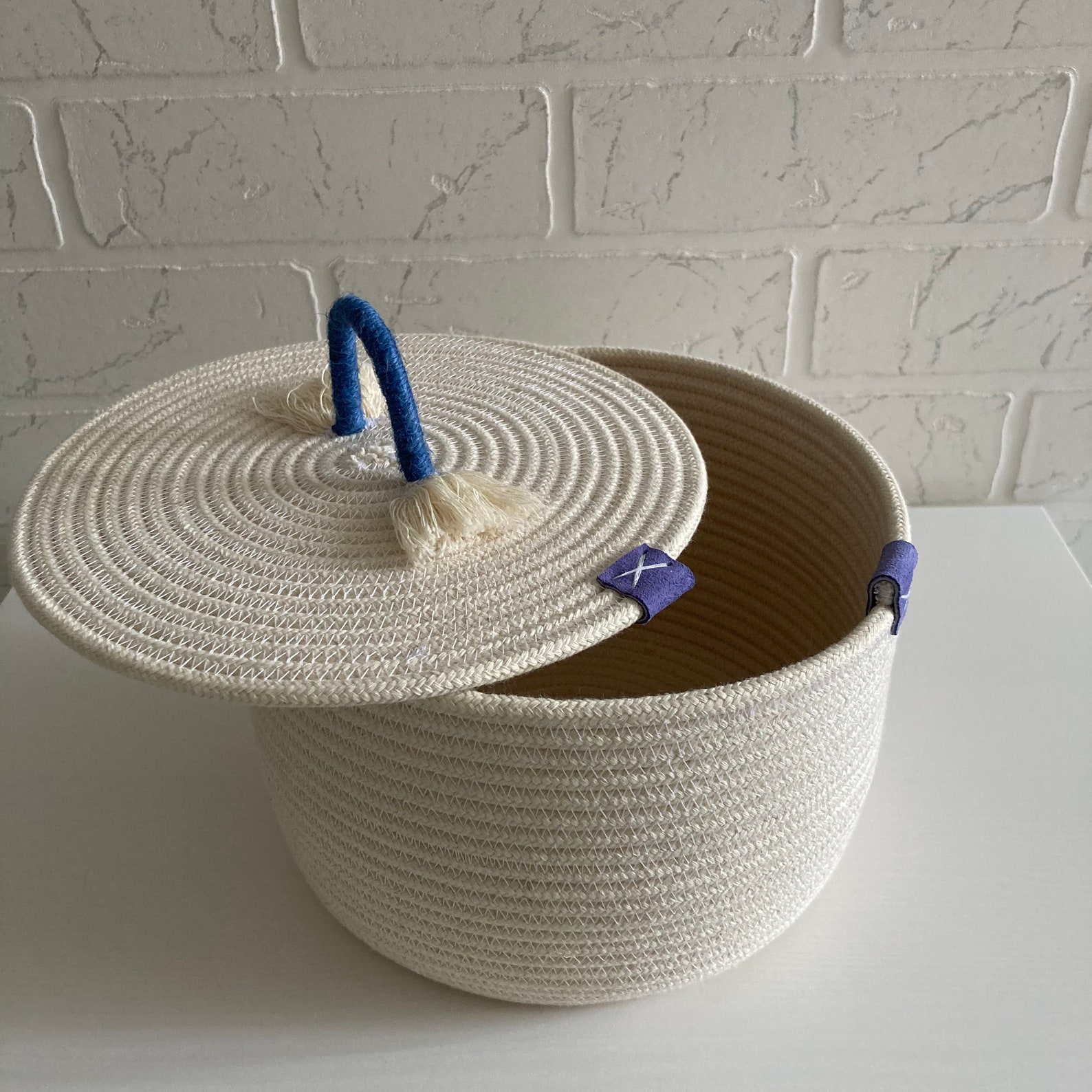 Blue-White rope basket with lid Rope bowl Set of 2 | Etsy