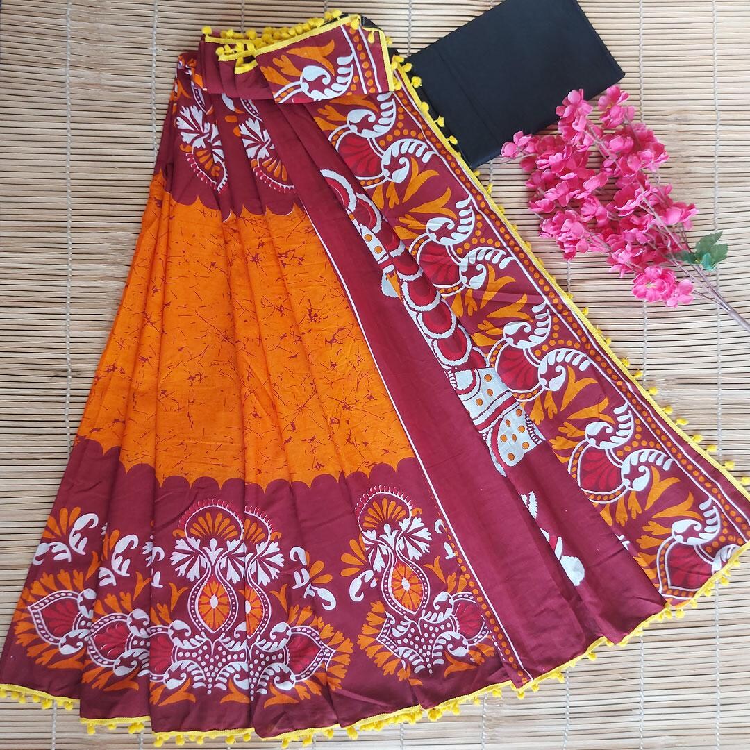 Aishweeindia Vintage Sari 100% Pure Cotton Hand Printed Orange/red ...