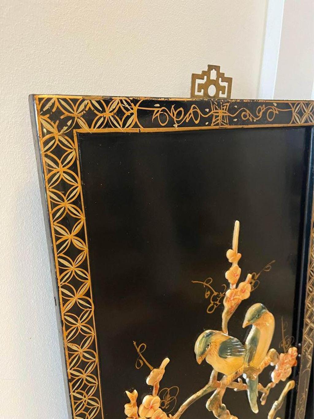 Set of 3 Ornate Black Lacquer Wall Panels With Mother of Pearl ...