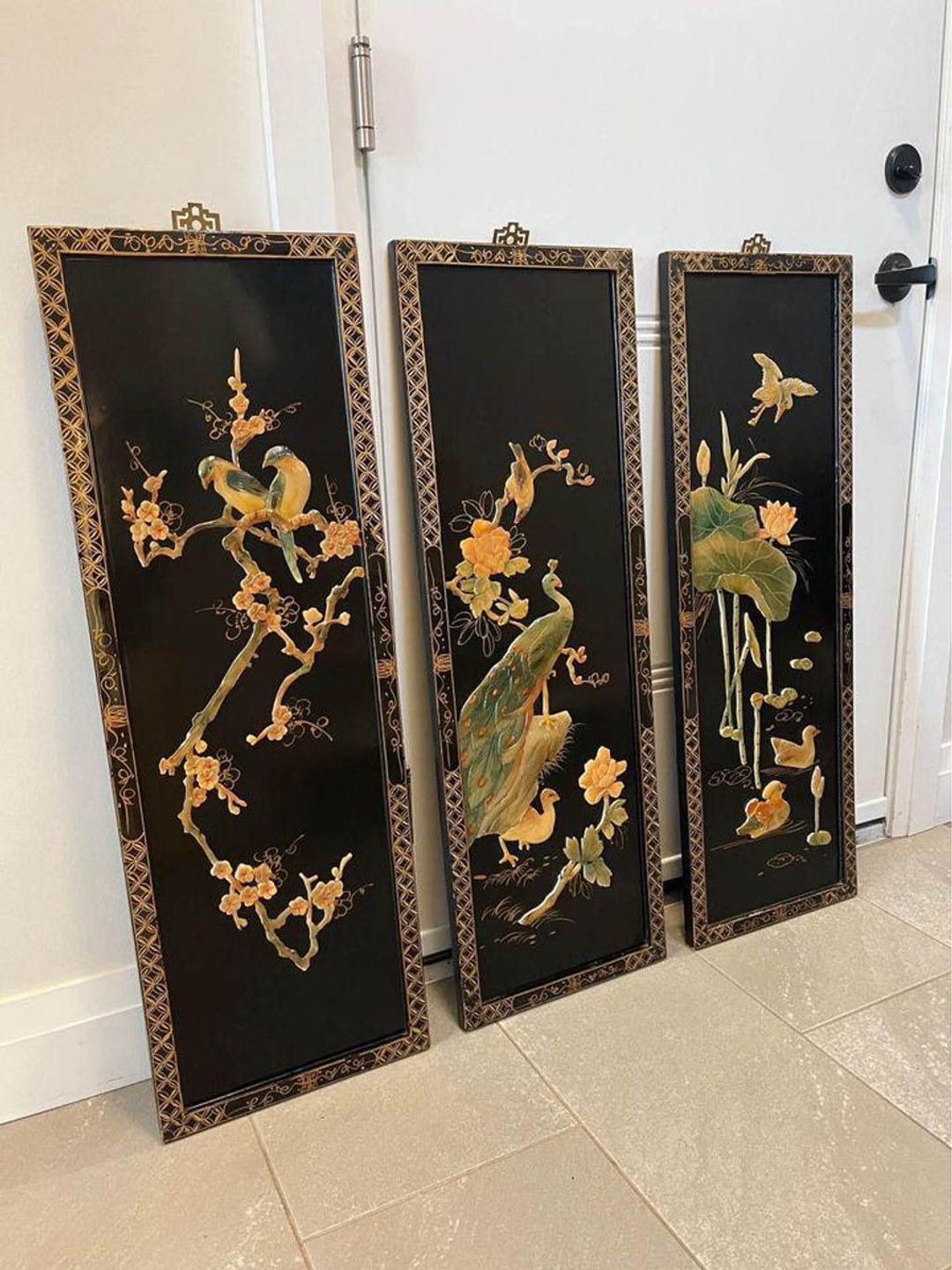 Set of 3 Ornate Black Lacquer Wall Panels With Mother of Pearl ...