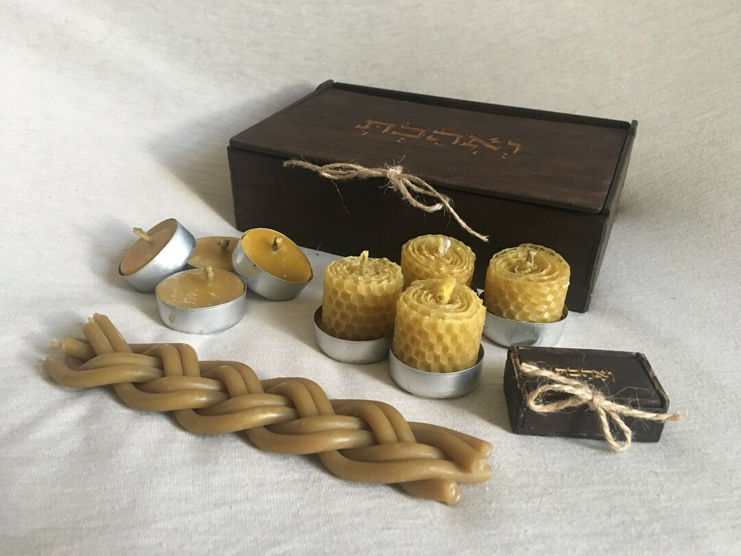 Havdalah Shabbat Set in Wood Gift Storage Box Candle Pure Beeswax ...