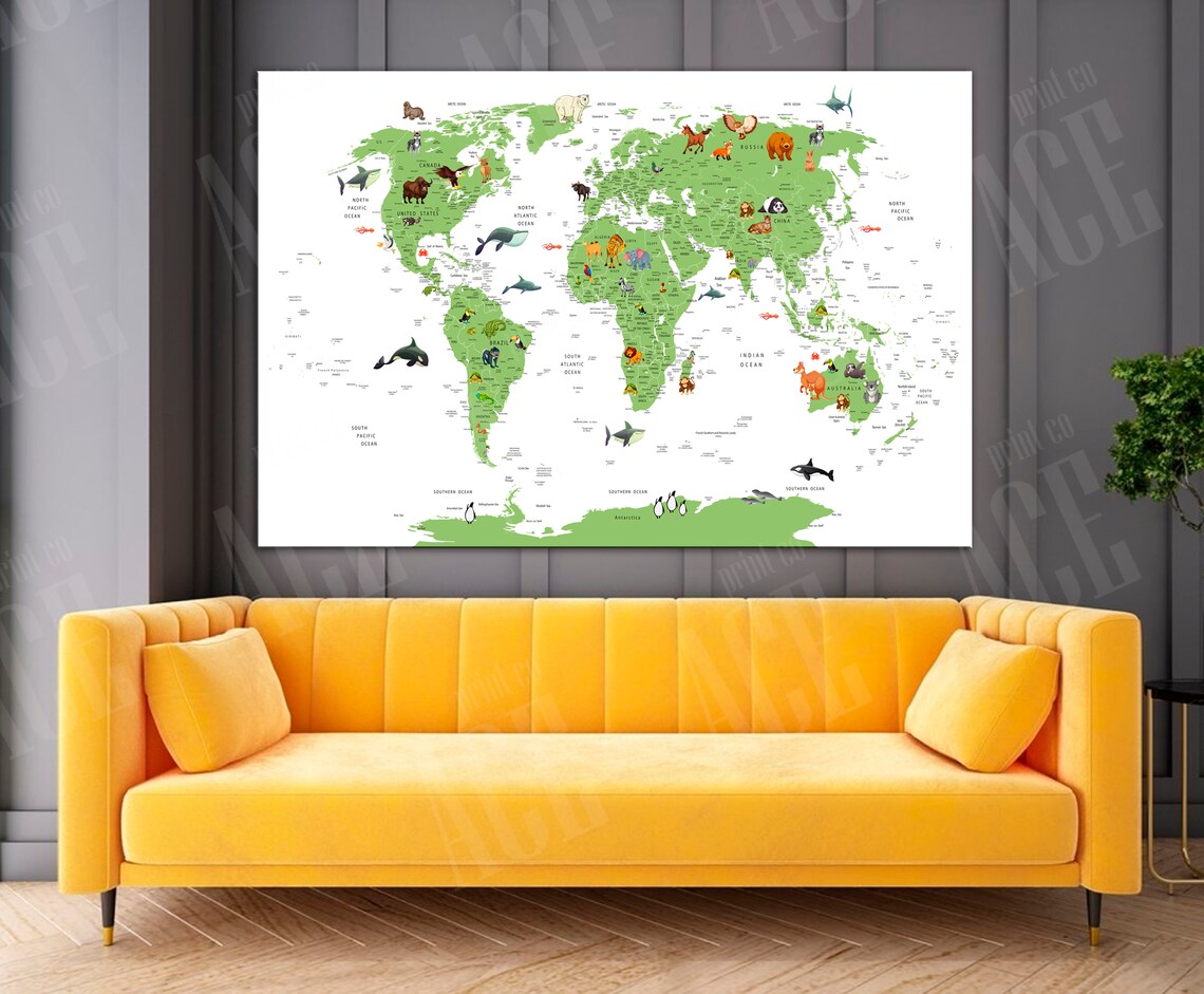 World Map Canvas Kid Room World Map Decor for Children's - Etsy