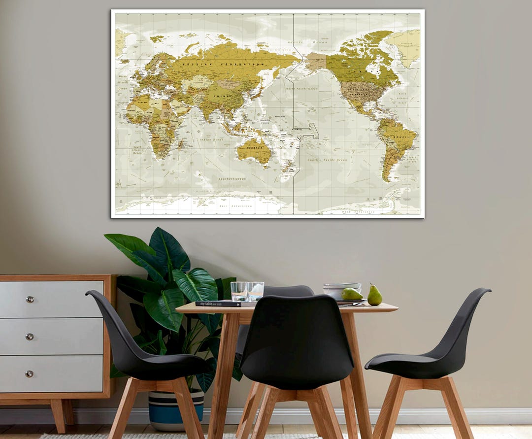 Detailed World Map Canvas Print: Geographic Wall Art, Travel Map Gift ...