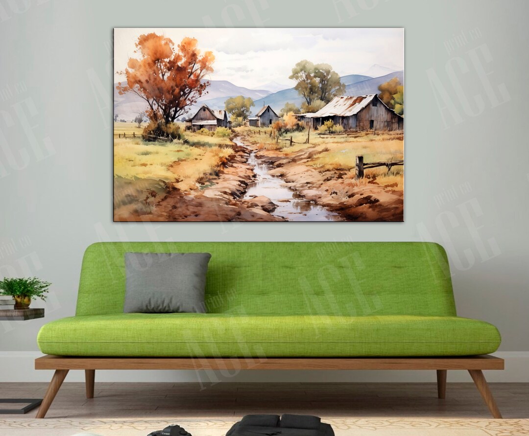 Vintage Barn Watercolor Painting: Rustic Farmhouse Canvas Print ...