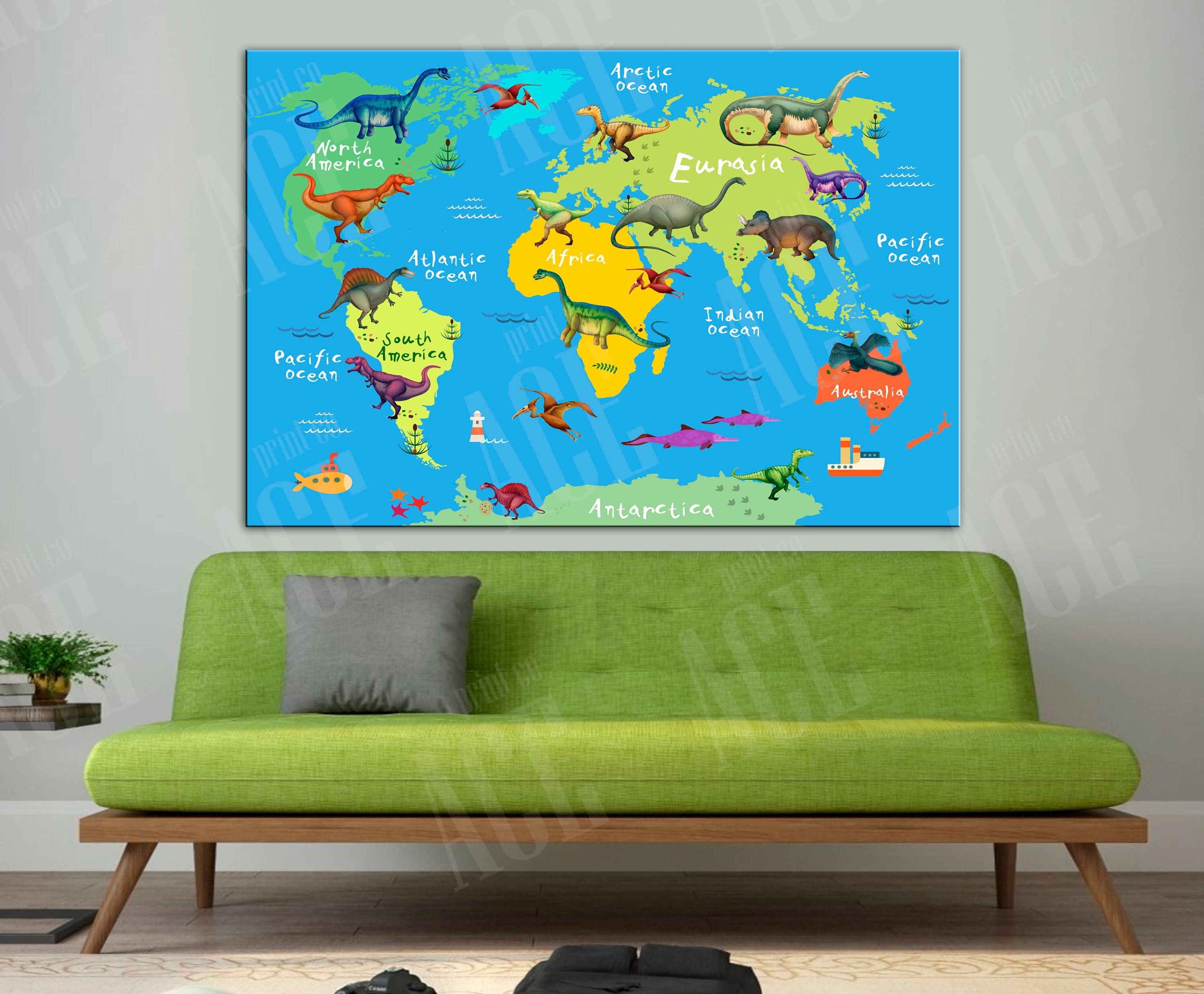 World Map Canvas Kid Room World Map Dinosaurs Decor for | Etsy