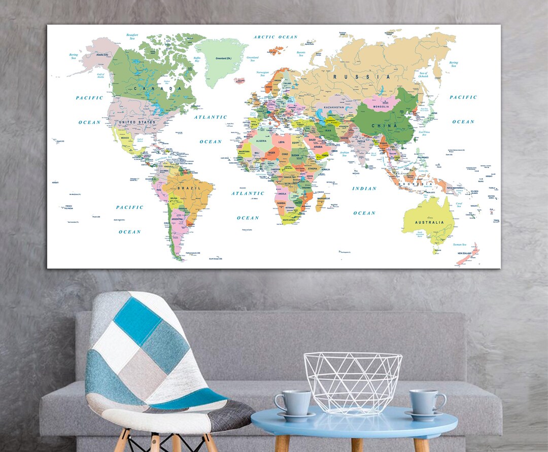 Detailed World Map Print, Color World Map Canvas Print, Large World Map ...